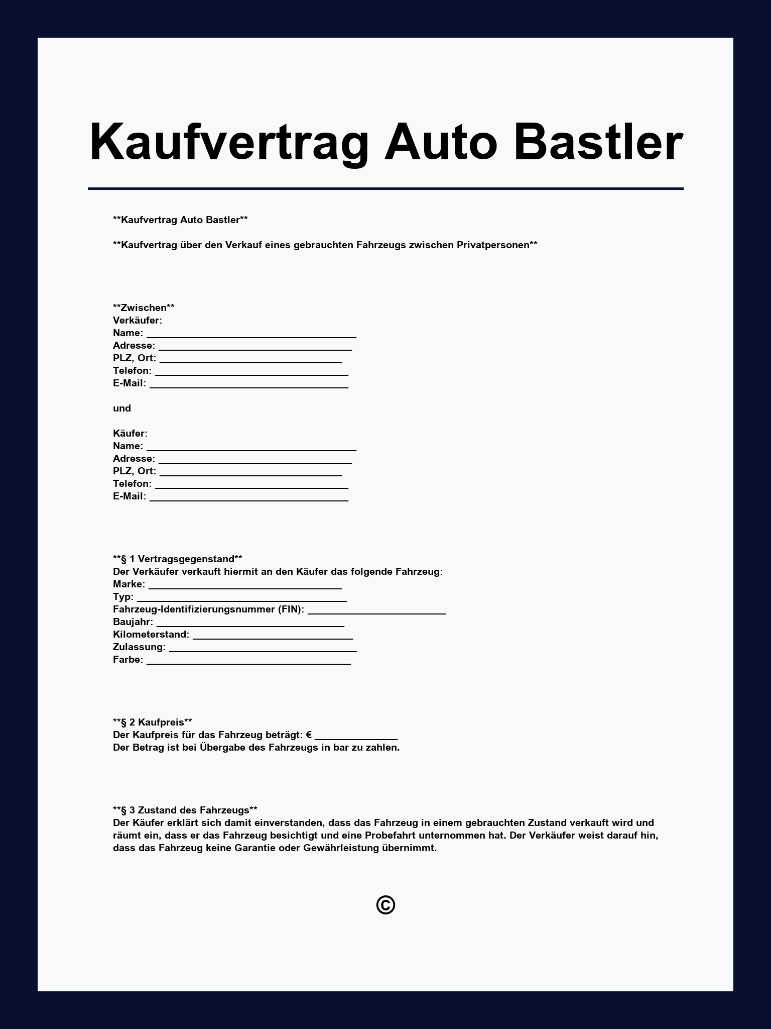 Kaufvertrag Auto Bastler