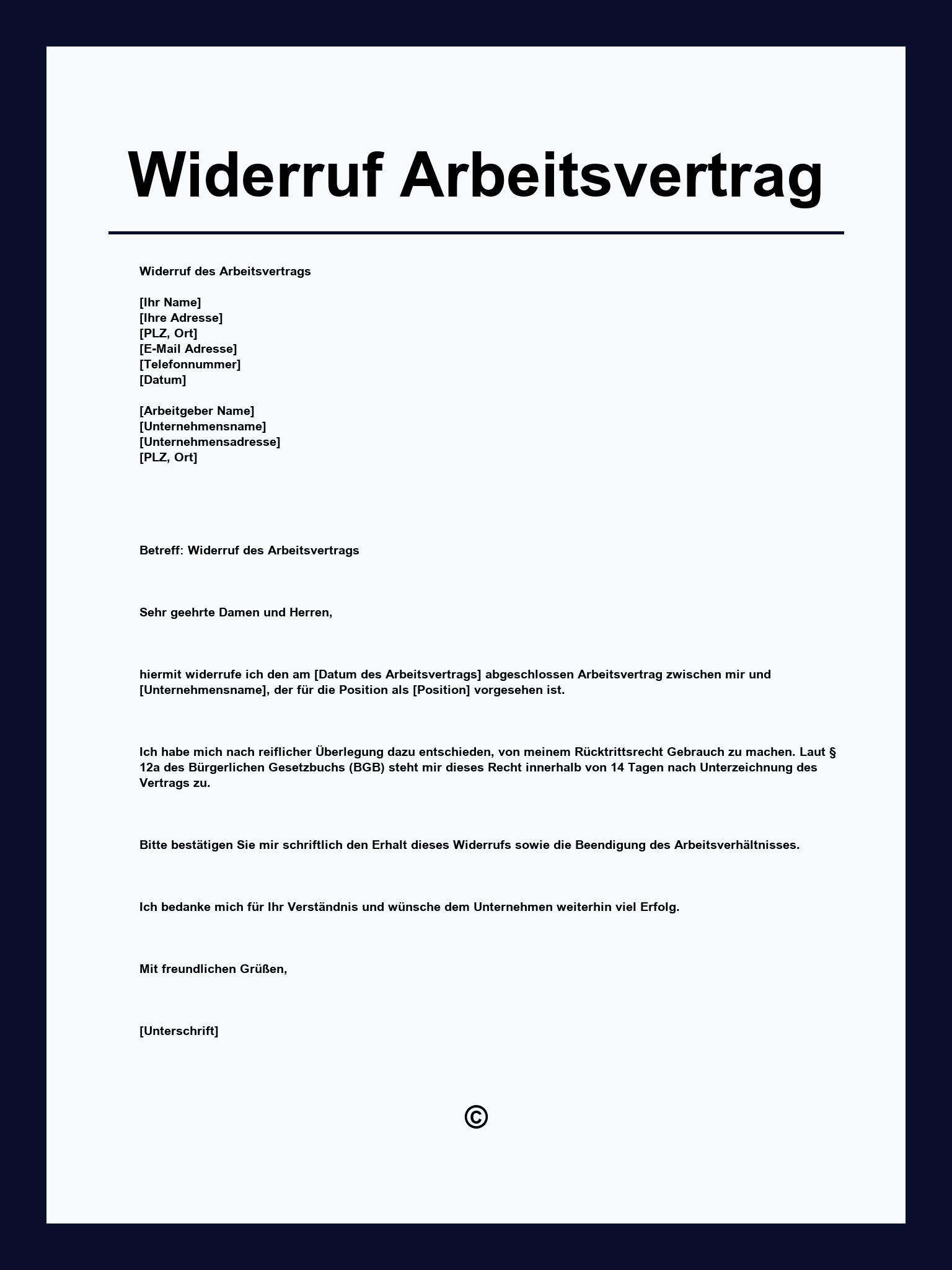 Widerruf Arbeitsvertrag Vorlage